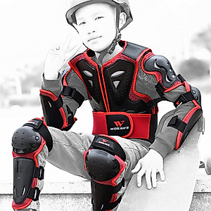 WOSAWE Kids Dirt Bike Chest Protector Skating Knee Elbow Pads Youth ATV Spine Protective Gear Kit, Red