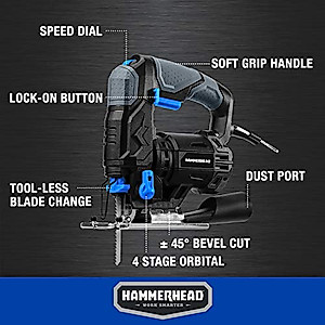 Hammerhead 4.8-Amp 3/4 Inch Jig Saw with 2pcs Wood Cutting Blades, Variable Speed and Orbital Function - HAJS048