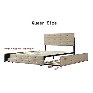 HAUSHECK Queen Size Upholstered Platform Bed with Trundle & Two Drawers - Trundle with 4 Wheels, Wooden Slats Support, Modern Linen Fabric Bed Frames No Box Spring Needed for Kids, Teen & Adults