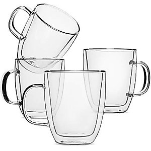 BTaT- Double Wall Glass Coffee Mugs, 16 oz, Set of 4, Double Glass Coffee Cups, Double Wall Coffee Mugs, Double Insulated Coffee Mugs, Clear Latte Mugs, Glass Coffee Mug, Clear Mugs