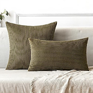 Woaboy Pack of 2 Corduroy Pillow Covers 20x20 Super Soft Boho Striped Pillow Covers Olive Green Decorative Throw Pillows Home Decor for Spring Couch Sofa Cushion Bedroom Livingroom