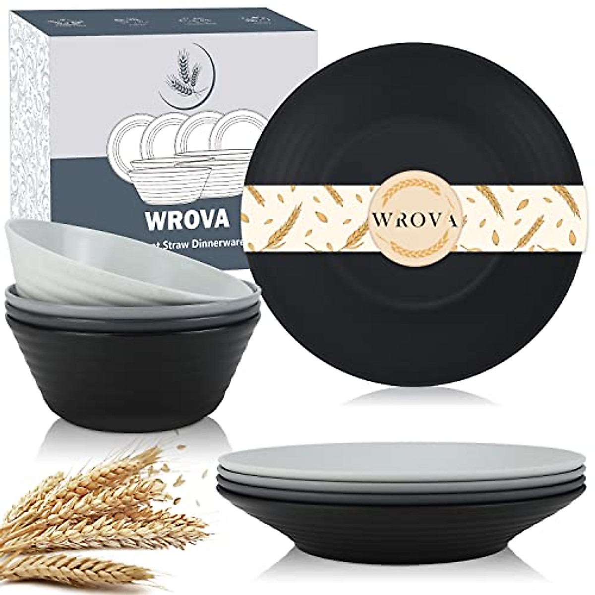 Wrova Wheat Straw Dinnerware Sets - 8 set Unbreakable Microwave Safe Dishes - Reusable Wheat Straw Plates and Bowls Sets for Kitchen - Kid’s Wheat Straw Bowls and Plate for Cereal, Soup （4 color）
