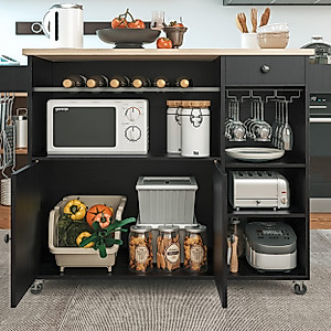 IRONCK Rolling Kitchen Island Cart with Drop-Leaf and Wine Rack, Microwave Rack Serving Cart on Wheels with Drawer & Shelves & Spice Rack & Cup Hanging, Black