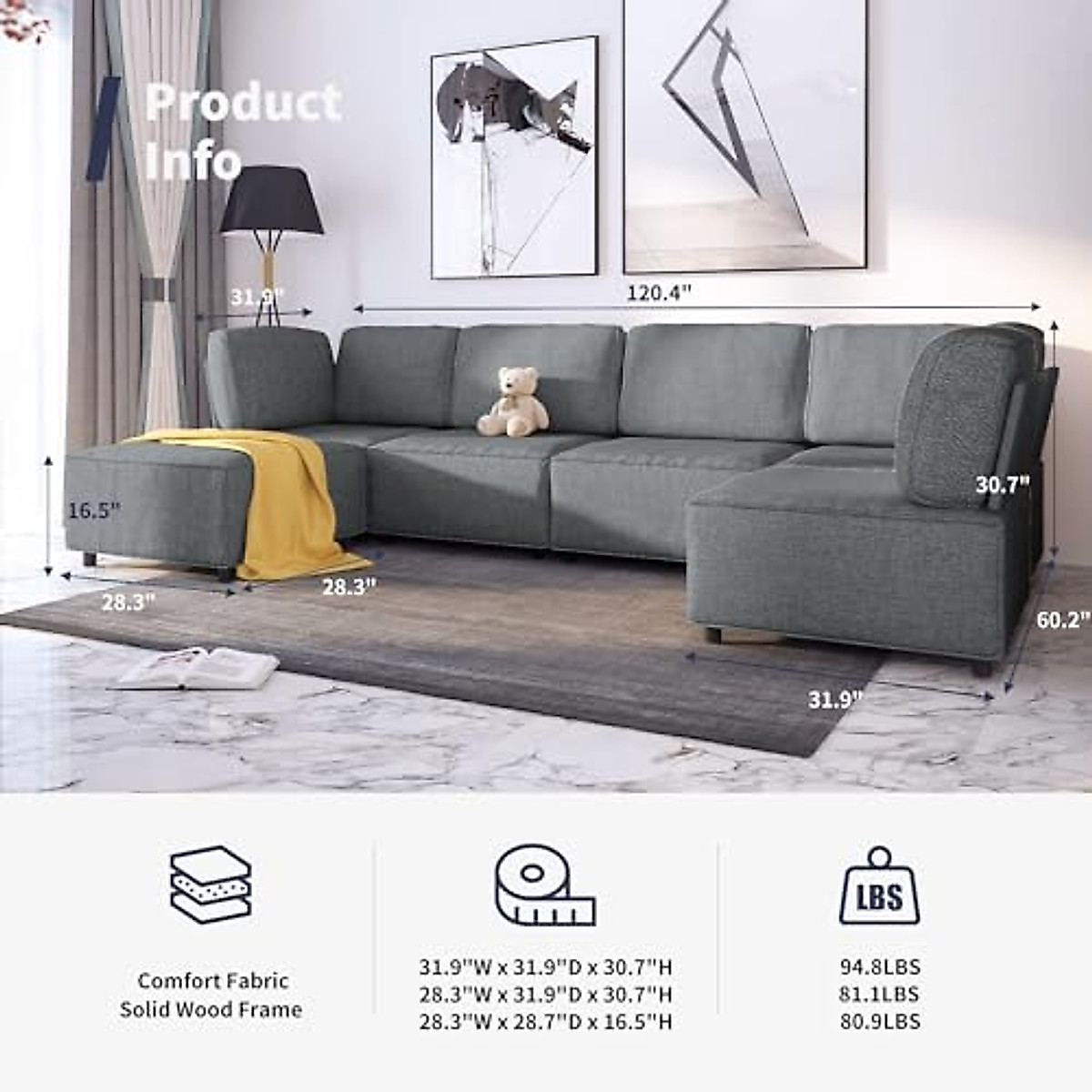 ZAFLY Modular Sectional Sofa Couch, U/L Shaped Couch with Oversized Seats, Ottoman, Convertible Modern Linen Fabric Reversible Chaise, Sofa Sleeper for Living Room, Apartment 120.4" W (Deep Gray)