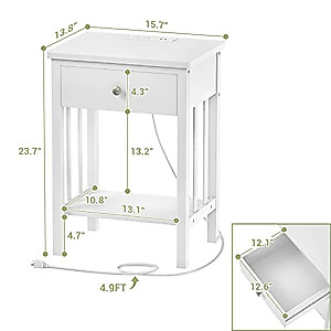 Homykic White Nightstand with Charging Station Set of 2, Bamboo Bedside Table Set with USB Ports and Outlets, Night Stand End Table with Drawer for Bedroom, Living Room, Small Space