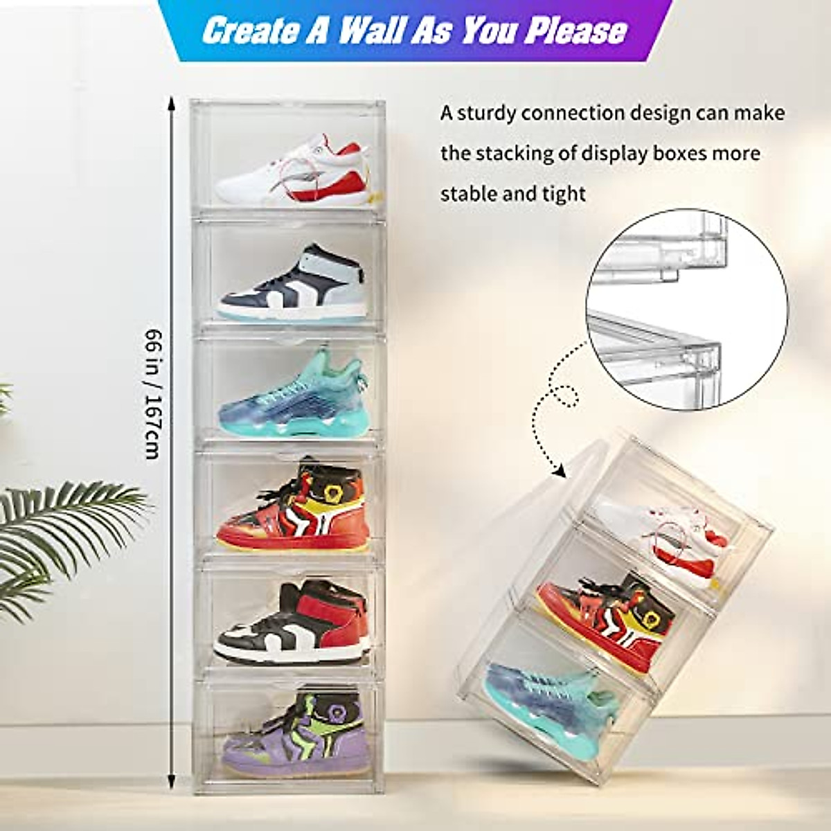 XGGJWW Shoe Storage Boxes 6 Pack x 25Qt Display Case with Magnetic Door, Clear Stackable Organizer Storage Bins for for Closet, Foldable Shoe Rack for Sneakers, High Heels, Boots