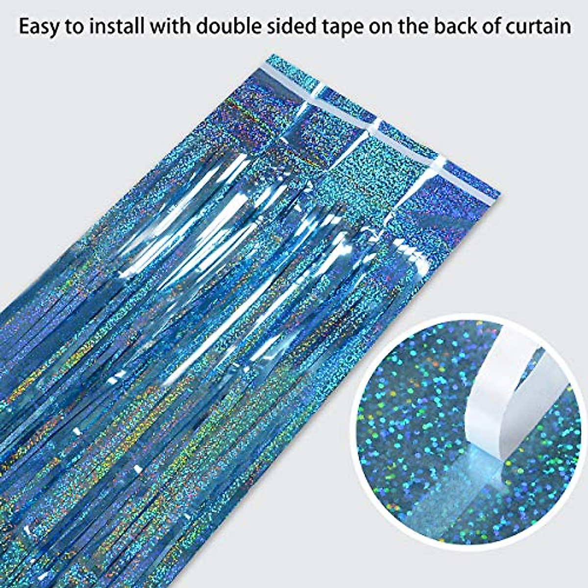 Foil Fringe Curtains Party Decorations - Melsan 3 Pack 3.2 x 8.2 ft Tinsel Curtain Party Photo Backdrop for Birthday Party Baby Shower or Graduation Decorations Light Blue