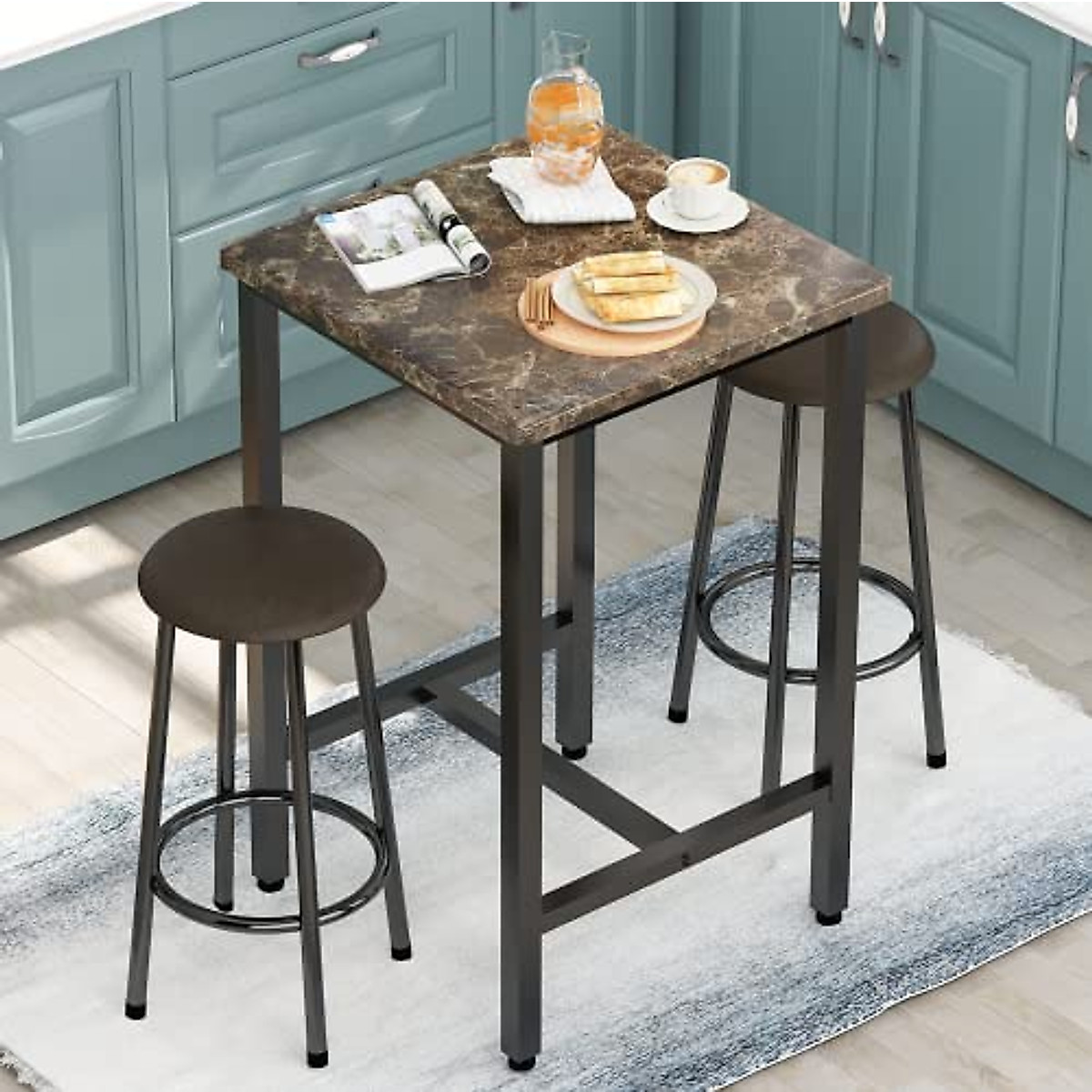 AWQM 3 Piece Dining Table Set Bar Table and Chairs Set for 2 Faux Marble Kitchen Counter Height Dining Table Set with 2 Padded Stools 3-Piece Modern Pub Table Set, Marble Brown, 23.6"