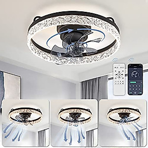 LEDIARY 20 Inch Modern Ceiling Fans with Lights and Remote, Oscillating Low Profile Ceiling Fan, Flush Mount Bladeless LED Ceiling Fan, Dimmable, Stepless Color Changeable, 6 Wind Speeds - Black