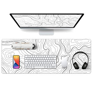 【Super Smooth Fabric】 Minimalist Desk Mat Topographic Pattern Gaming Mouse Pad Large Desk Pad with Stitched Edges Gaming Mousepad Aesthetic Deskmat XL, Keyboard Pad for Women Desk 31.5"x11.8" White