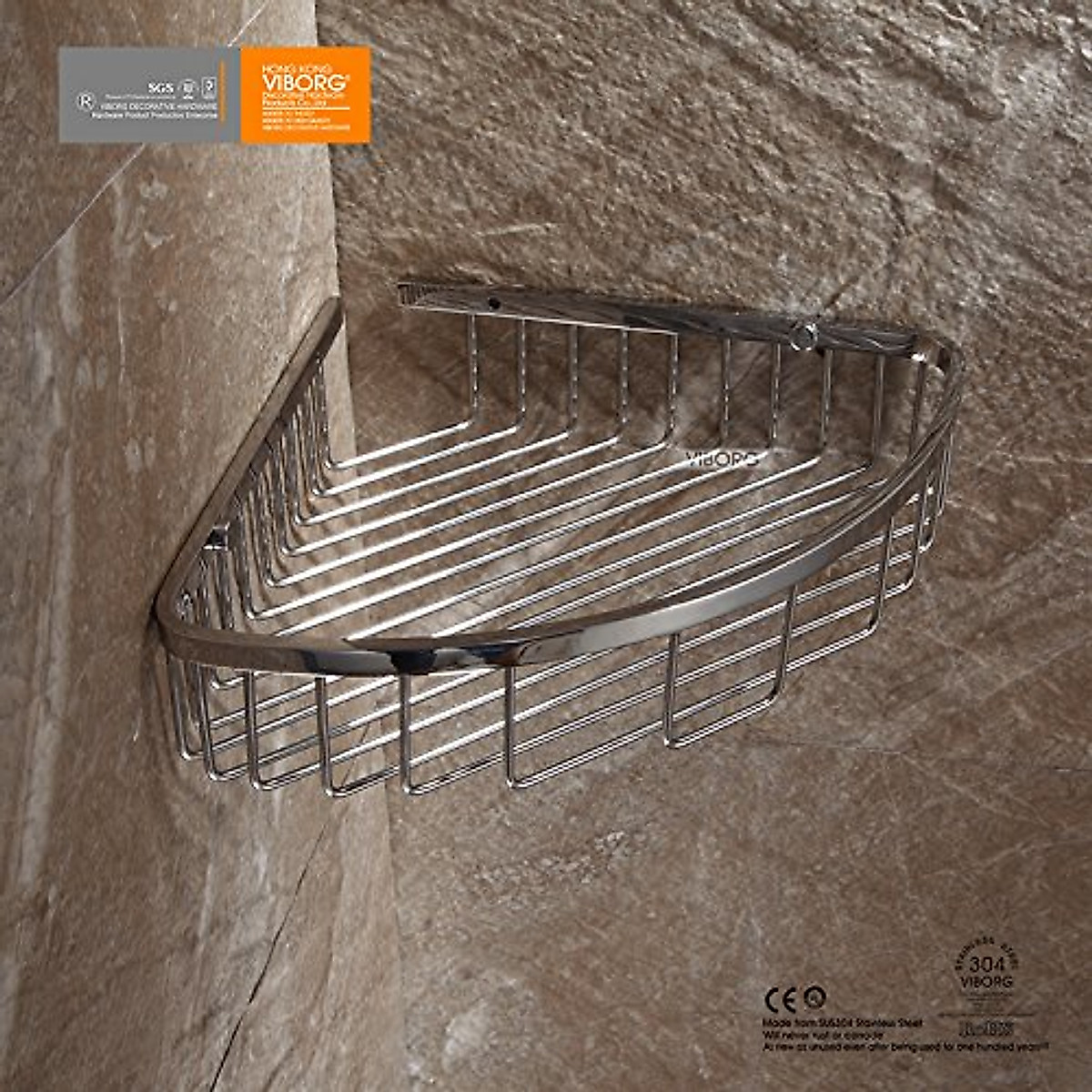 VIBORG Deluxe Solid Thick SUS304 Stainless Steel Wire Wall Mounted Single Tier Bathroom Corner Shower Basket Bath Caddy Shelf Organizer Storage Holder for Shampoo Conditioner. Polished mirror-like