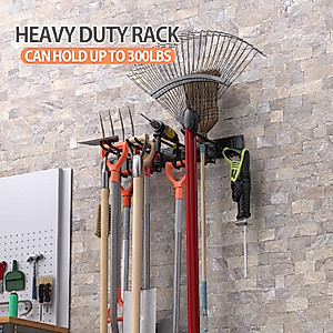 Garage Tool Storage Rack, Garage Organizer Wall Mounted Storage System with 6 Hooks, Max 300 lbs Super Heavy Duty Garden Tool Hanger Rack for Ski Gears, Chair, Broom, Mop, Rake Shovel Yard Tools