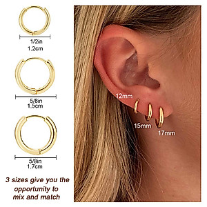 3 pairs 14K Gold Plated Huggie Hoop Earrings, Minimalist Gold, Simple 3 sizes Earrings for Women Men gift