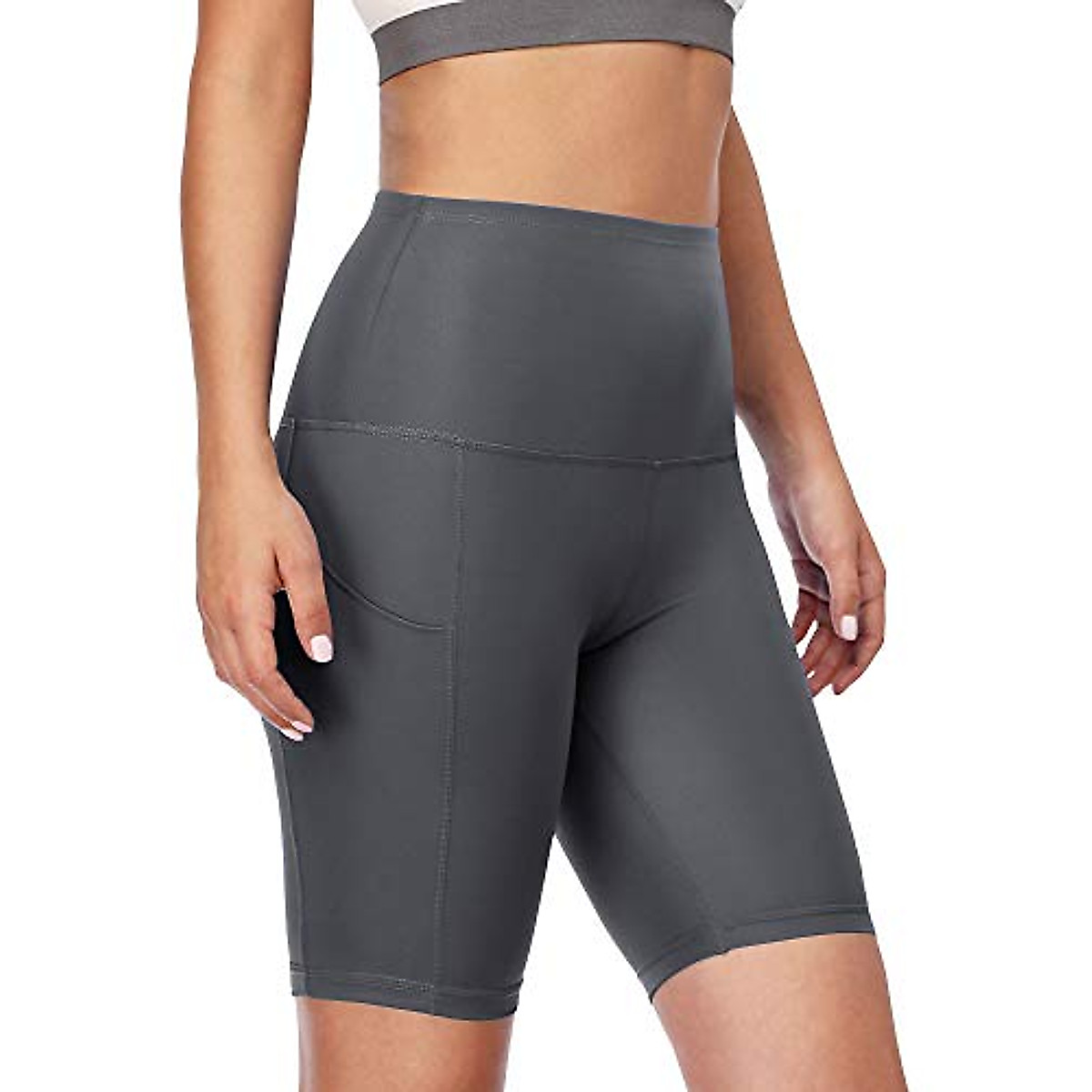 CADMUS Women's High Waist Spandex Yoga Shorts for Bike Running Two Side Pockets,10,Black,Grey,Wine Red,X-Large