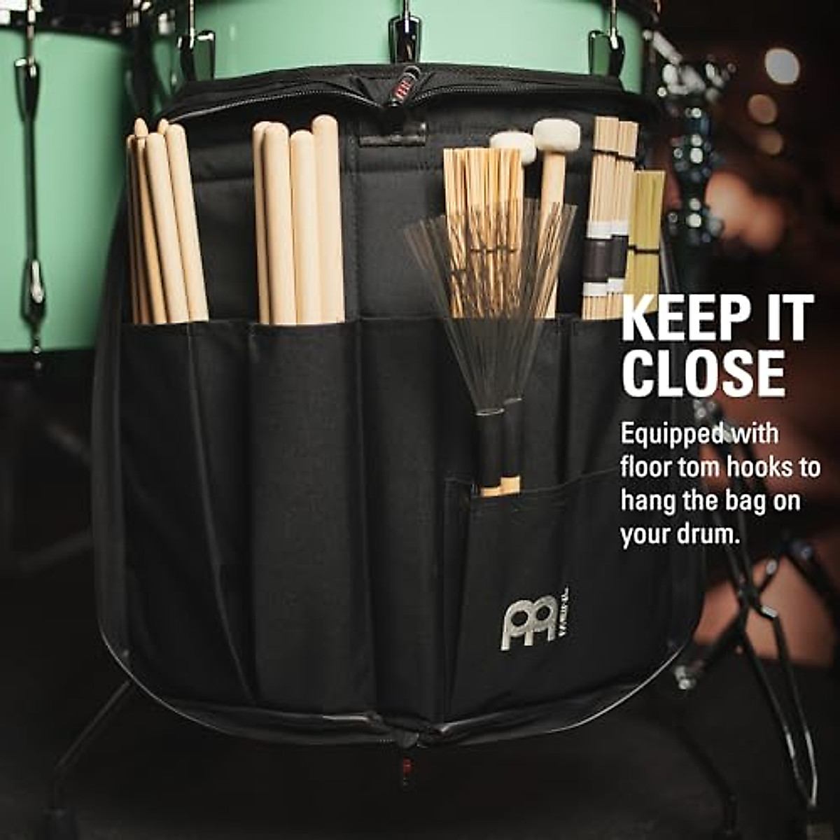Meinl Percussion Drum Stick Bag with Extra Outside Pocket and Floor Tom Hooks – for Mallets, Brushes and Accessories, Black, Standard (MSB-1)