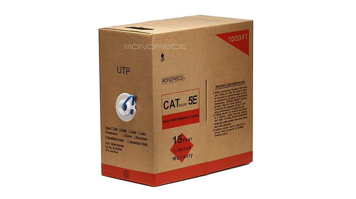 Monoprice 1000FT 24AWG Cat5e 350MHz UTP Solid, Riser Rated (CMR), Bulk ...