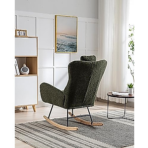 Rocking Chair for Baby Nursery, Comfy Small Rocker with Neck Rest and Pocket, Modern Upholstered Accent High Back Armchair for Living Room, Bedroom, and Office (Dark Green)