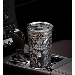 20oz Viking Celtic Warrior Wolf Tumbler, Norse Mythology, Viking Gifts for Men, Coffee Thermos for Men, Stainless Steel Double Wall Vacuum Insulated Coffee Mug, Travel Cup with Lid