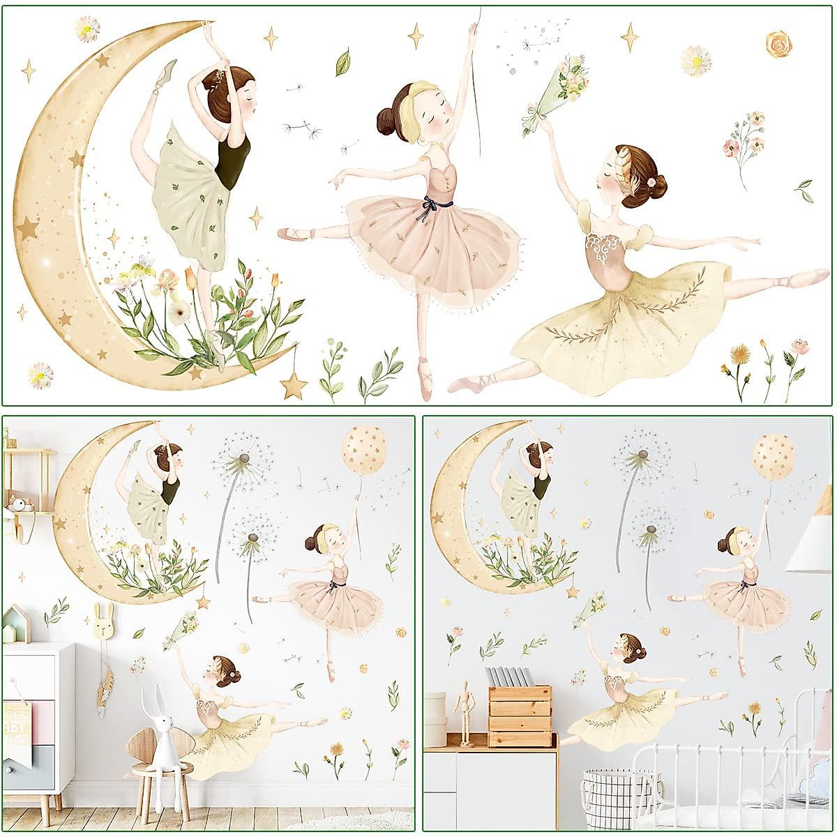 2 Sheets Ballet Girls Wall Stickers 3D Moon and Flower Wall Decals DIY Removable Dandelions Wall Sticker for Kids Baby Girls Bedroom Nursery Living Room TV Background Kids Rooms Home Wall Decoration