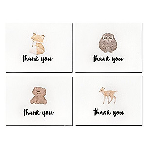 Cute Woodland Animal Thank You Cards and Gray Self Seal Envelopes 36 Pack - Opie's Paper Company