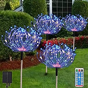 Fireworks Solar Lights Outdoor 4 Pack 480 LED Pathway Lights Solar Powered Starburst Fairy Lights Waterproof 8 Lighting Modes with Remote Control for Patio Christmas Yard Decorative(Multi-colored)