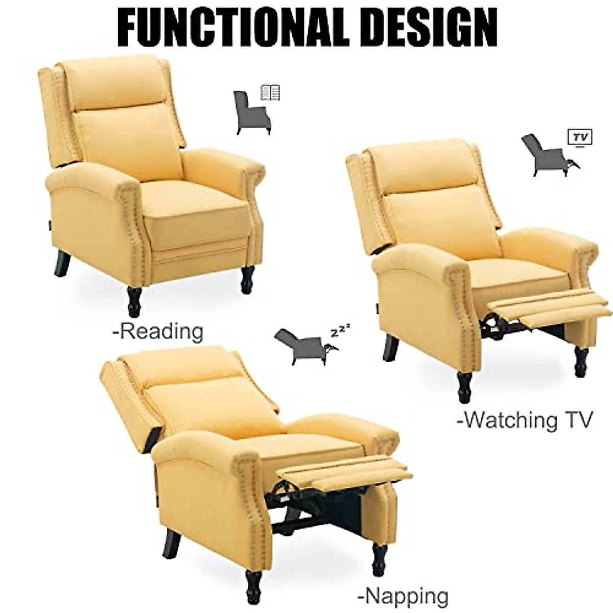 Altrobene Modern Accent Chair, Push Back Recliner Chair, Wingback Arm Chair for Living Room/Bedroom/Small Spaces, Yellow