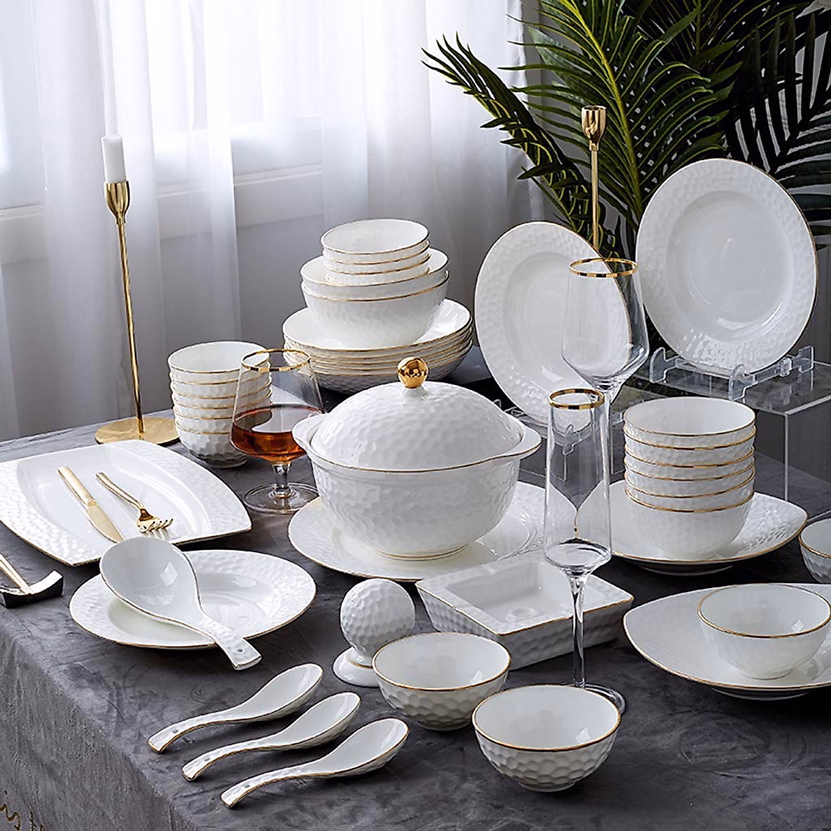 Plate and Bowl SetKitchen Tableware Set,Ceramics Dinner Sets, 60 Pieces Handmade Gold Bone China Dinnerware Set | Cereals Bowl & Dish & Soup Pot for Family Gathering - Porcelain Combination Set
