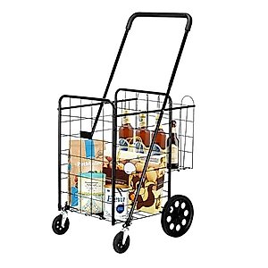 XYYSSM Iron 1200mm Telescopic Armrest 0.8mm No. 16 Round Tube 50kg Black Foldable Shopping Cart, Shopping Cart with Dual Swivel Wheels for Groceries - Compact Folding Portable Cart Saves Space
