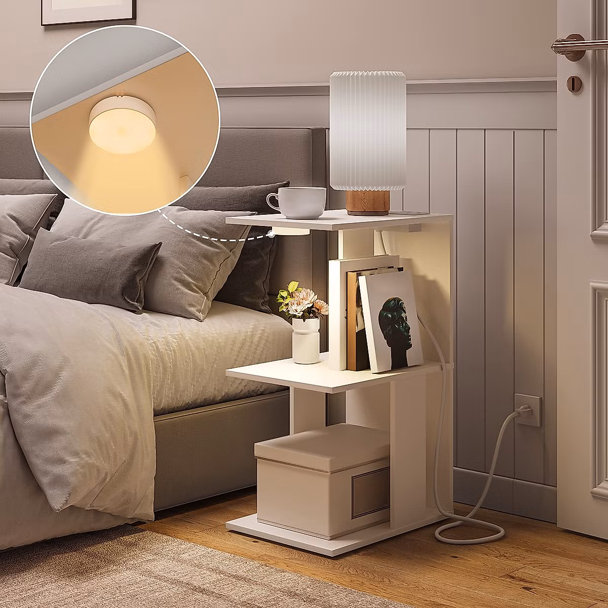 MAHANCRIS End Table with Charging Station and Side Tables with Charging Station bundle，Narrow Side Table for Small Spaces，2-Tier Nightstand with Tempered Glass Top，for Bedroom，Living Room ETWT18E01Z-E