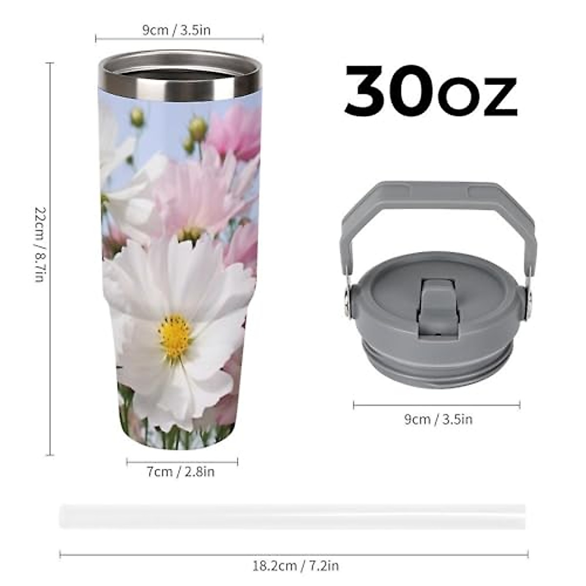 BWQJKUO Large Capacity Car Cup 30 Oz Stainless Steel Pink And White Flowers Printed Travel Mug Leak-proof Flip Straw Tumbler with Handle,keeps Cold Or Ho