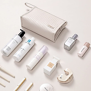 Linpr 3 Pcs Makeup Bag Set, Portable Waterproof PU Striped Leather Toiletry Bags, Cute Travel Cosmetic Organizer for Women and Girls (White)