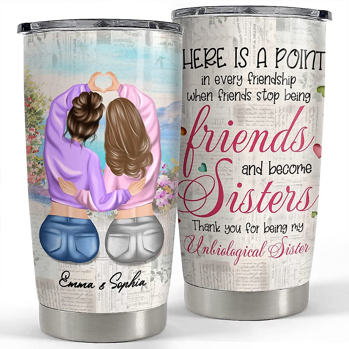 SANDJEST Personalized Best Friend Tumbler Unbiological Sister 20oz 30oz Tumblers with Lid Gift for Sister Best Friends Woman Girl Friendship Soul Sister Christmas Birthday