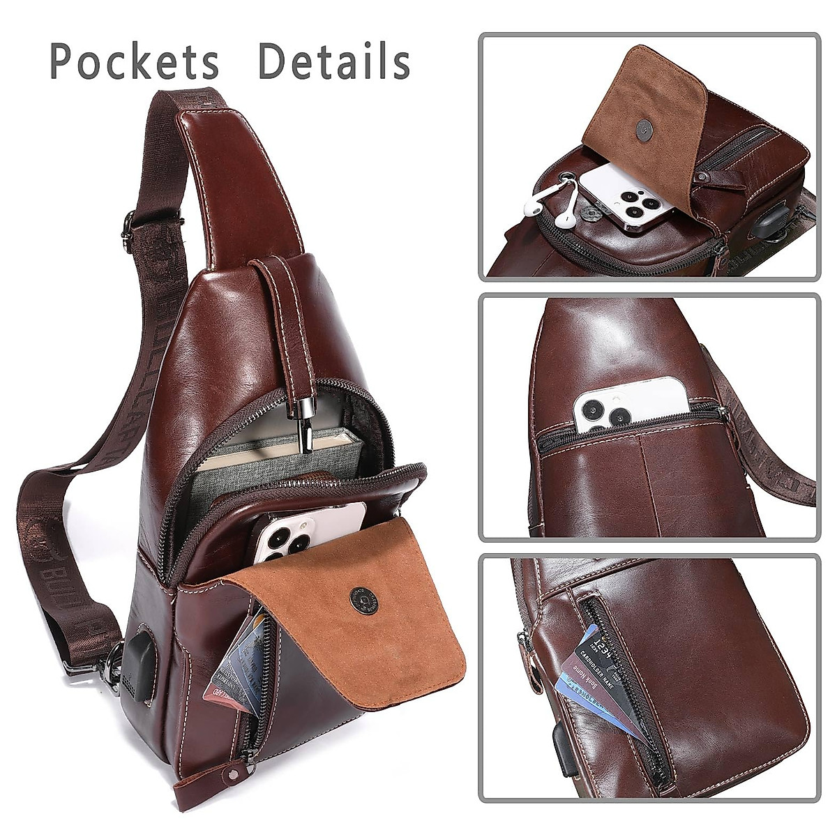 BULLCAPTAIN Genuine Leather Sling Bag Mens Crossbody Backpack for Hiking Casual Daypack Shoulder Chest Bag with USB Charging Port (Coffee)