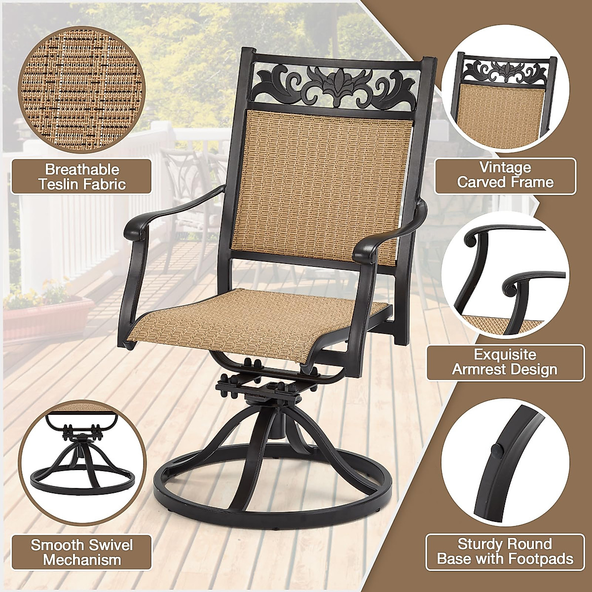 EROMMY Patio Swivel Chairs Set of 2, All-Weather Cast Aluminum Patio Sling Dining Chairs, Outdoor Swivel Rocker Chairs for Backyard, Garden, Deck, Porch, Balcony, Brown