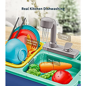 Geyiie Play Sink with Running Water - Kitchen Sink Toys for Kids and Toddlers with Upgraded Faucet, Cutting Food, Play Dishes, Pretend Role Play Kitchen Set, Ideal Sensory Gift for Girls Boys