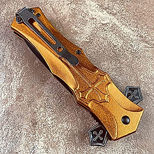 8" Folding Tactical Style Templar Knight Cross Folding Knife, Pocket Knife For Fishing, Camping, Daily Uses for Open Box, Cut Rope (Gold-440)
