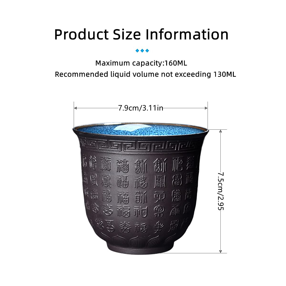 WEOPYCJ Chinese Tea Cup,Asian Japanese Ceramic Tea Cup Set of 4,Black Traditional Hundred Blessings Tea Mugs 5.5oz Suitable for Tea Wine,Coffee,Milk,Sake Cups (Black)