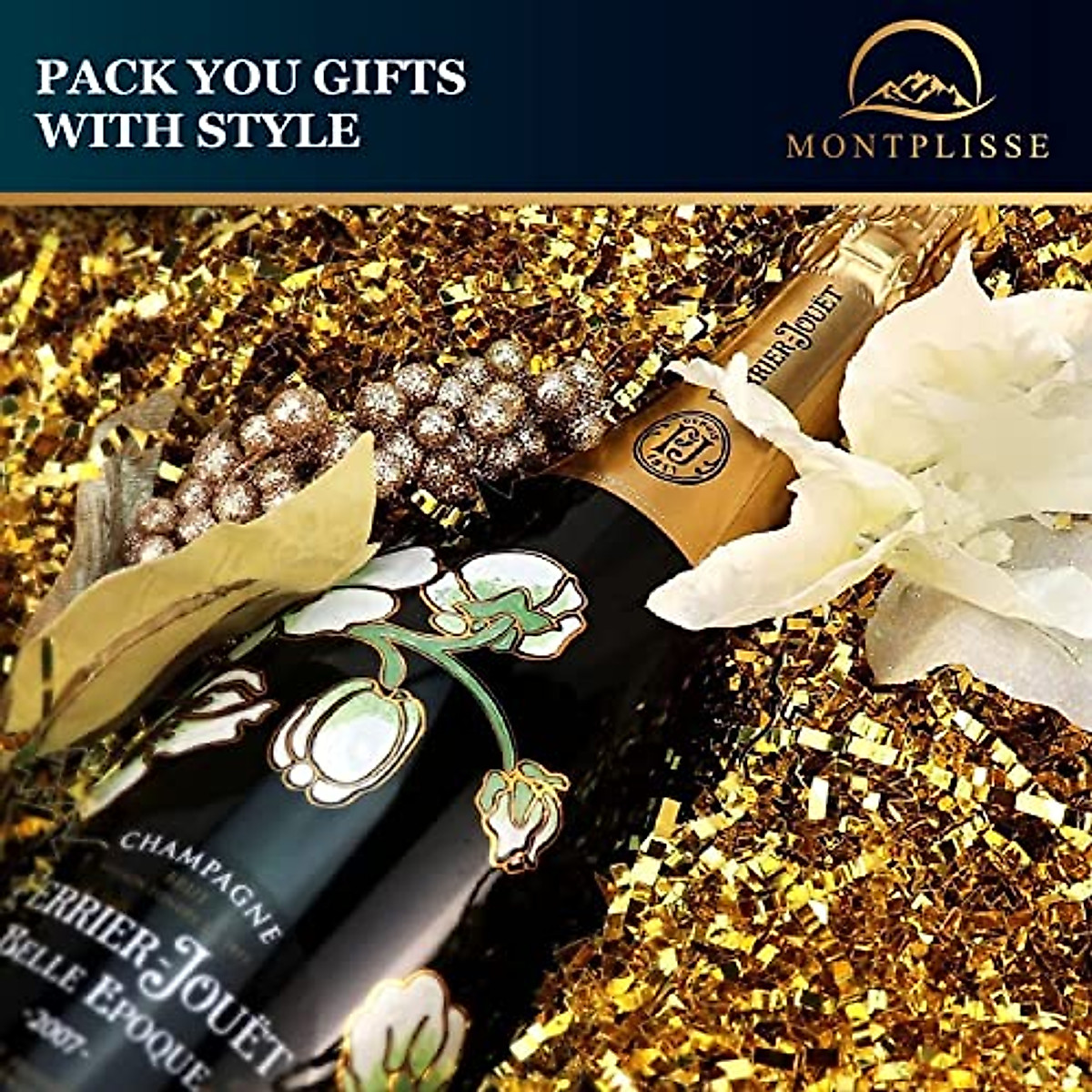 Montplisse Gold Crinkle Paper, 1 LB. Bag. Gold Crinkle Cut Paper Shred filler gold for Gift Box & Baskets, Wedding & Christmas Gifts. Gold Shred for 4 gift boxes.