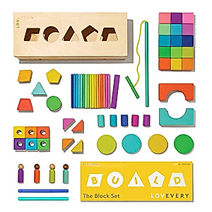 The Block Set by Lovevery – Solid Wood Building Blocks and Shapes + Wooden Storage Box, 70 Pieces, 18 Colors, 20+ Activities