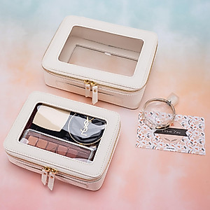 Aveniee Large Clear Makeup Bag Cosmetic bags, Travel Toiletry Bag for Women, Clear Make up Bag Case, Chic Makeup Pouch with Transparent Vinyl Windows & Gold Zippers(White)