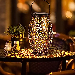 2Pcs Solar Lanterns Outdoor Waterproof Hanging Solar Garden Hollow Lanterns LED Lanterns with Handle Decorative Projector Night Light for Courtyard Porch Pathway Walkway Tree Fence Christmas