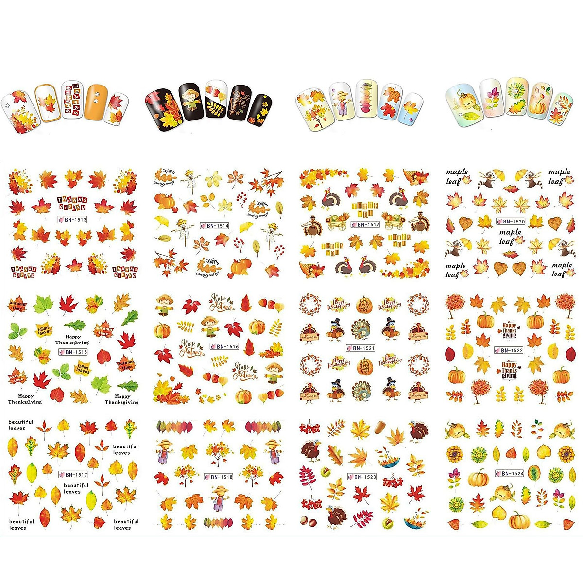 Fall Nail Art Stickers Thanksgiving Nail Decals Maple Leaf Turkey Water Transfer Nail Sticker Autumn Design Nail Art Supplies Acrylic Nail Accessories for Women Girls Thanksgiving Day Nail Decoration