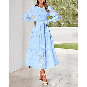 BTFBM Casual Women's 2025 Fall Dresses Elegant Wedding Guest Dress Long Sleeve Floral Midi Dress Flowy Bohemian Long Dress(Blue,X-Large)
