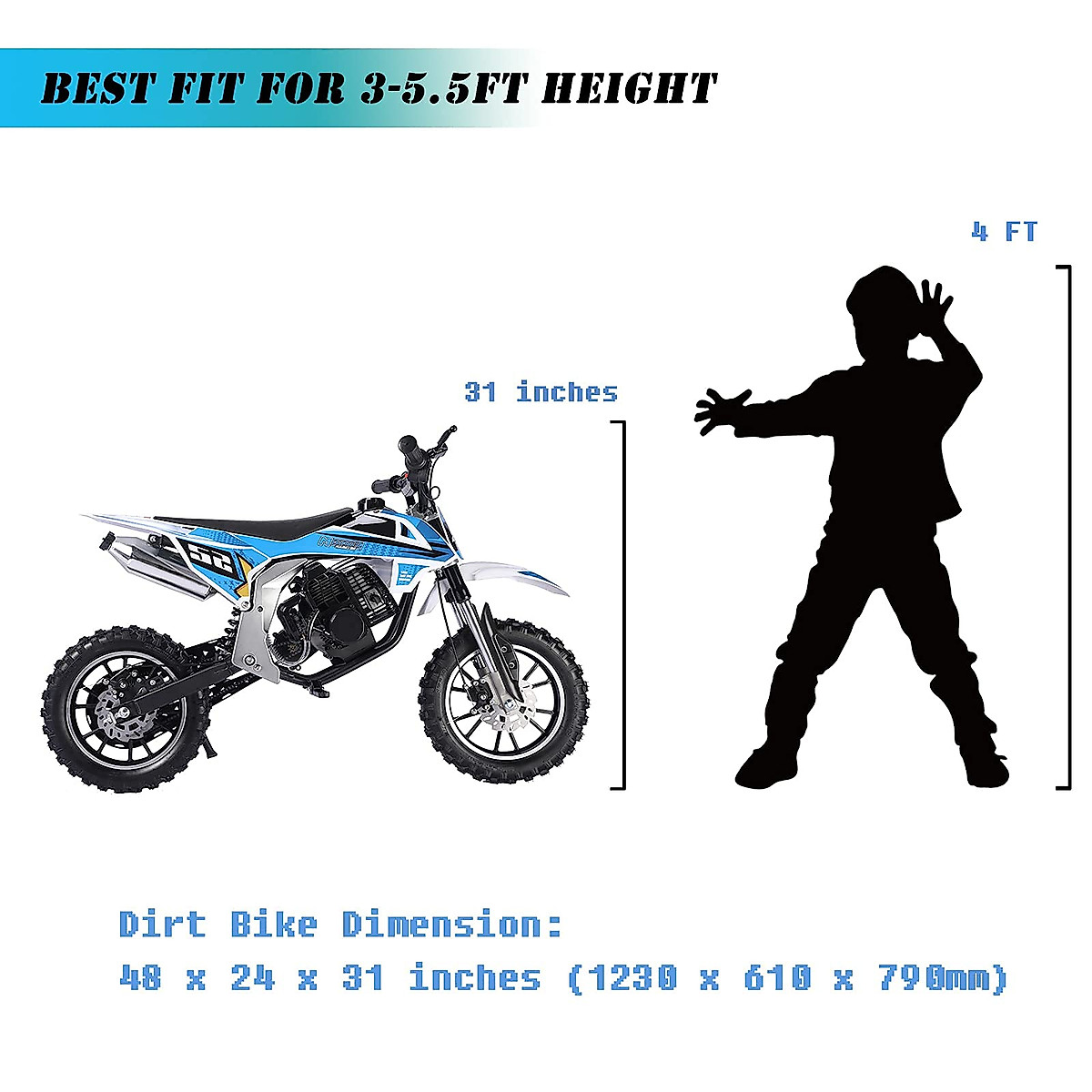 Aluminum Frame 52CC 2-Stroke Kids Dirt Off Road Mini Dirt Bike, Gas Motorcycle for Age 8 and Up (Not CA Compliant)