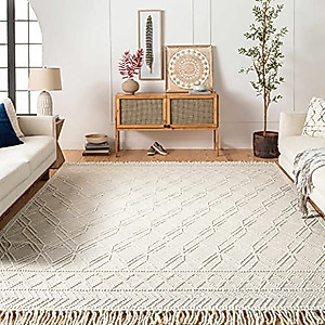 Leonardtown Moroccan Farmhouse Living Room Bedroom Wool Area Rug with Tassel - High Low, Wool - Moroccan Trellis - Hand Woven, Handmade, Beige, Grey, Light Brown - 5' x 7'6"