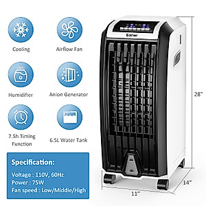COSTWAY Evaporative Cooler, Portable Cooling Fan with Remote Control, 3-Mode, 3-Speed and 7.5H Timer Function, Include Ice Crystal Boxes, Water Tank and Casters, Bladeless Cooler for Home Office