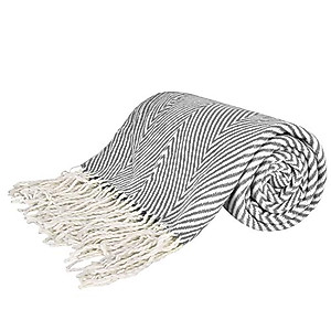 Herringbone Stripe Throw Blanket Decorative Soft Cashmere Blankets with Fringe 50 × 60 Inch Fuzzy Cozy Chevron Throws Lightweight for Bed, Sofa, Office, Car, Indoor, Outdoor, Gray and White