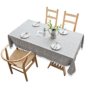 Oubonun Cotton Linen Rectangular Table Cloth, Wrinkle Resistant, Waterproof Tablecloth, Washable Farmhouse Table Cover with Tassels for Kitchen Dining Party, 55''x102'', 8-10 Seats, Grey