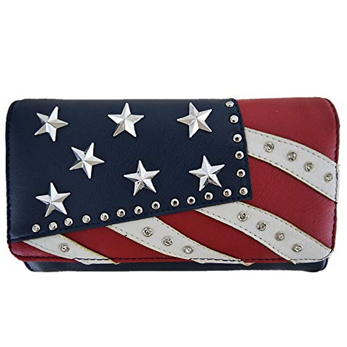 Western Cowgirl American Flag Stars and Stripes Rhinestone Women Leather Handbag Country Purses Wallet Set Red White Blue, Large