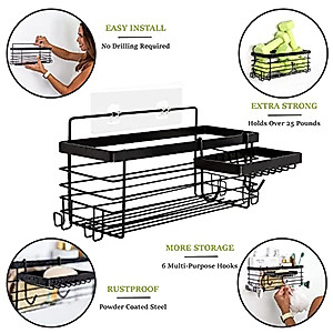 Shower Wall Caddy with Removable Soap Holder – Rustproof Black Metal Hanging Bathroom Shower Organizer Rack – 6 Sturdy Hooks for Storage – Adhesive Mounts & Mini Bubble Level for Easy Install